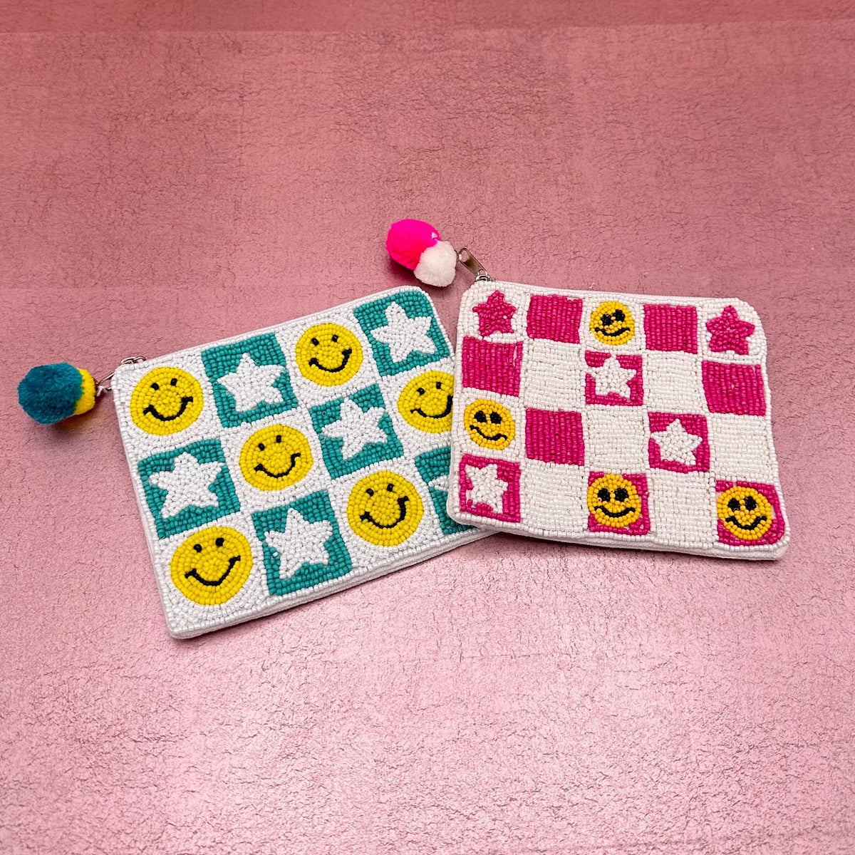 Checker Smiley Face Beaded Coin Purse Turquoise | Dwell and Adorn
